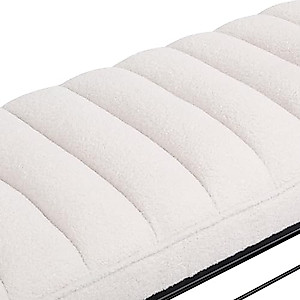 Homaddition Entryway Bench with Shoe Storage, 52" Thickened Cushion Sherpa Upholstered Channel Tufted Ottoman Bench with Shoe Rack, End of Bed Bench for Bedroom (White Sherpa with Shoe Rack)