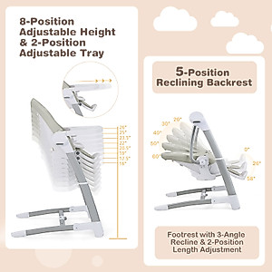 HONEY JOY 3 in 1 Baby Swings, Convertible Highchair for Babies and Toddlers, Compact Portable Infant Swing, Infant Booster Seat w/Double Tray, Music & Wheels, Easy Folding, Double Food Tray(Gray)