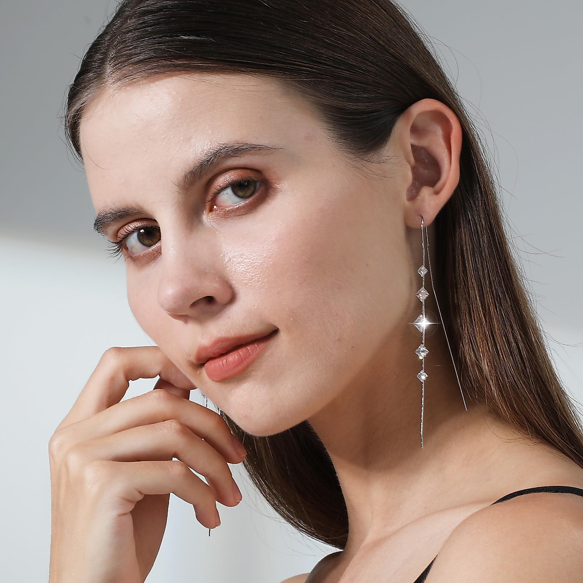 Threader Earrings for Women 925 Sterling Silver Plated Cubic Zirconia Long Dangle Drop Earrings for Prom Jewelry