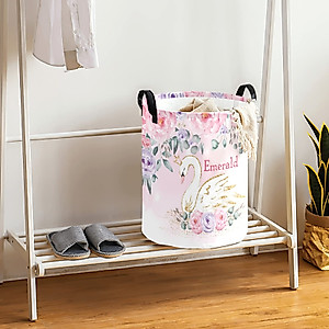 Custom Watercolor Floral Swan Pink Laundry Basket Handles Collapsible Hamper Foldable Storage Bin Living Room Office Bathroom Bedroom