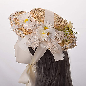 COSDREAMER Girls Women Tea Party Sun Hat Lace Ribbons Straw Hats (White)