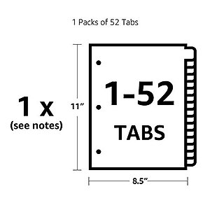 Amazon Basics 52-Tab Paper Binder Divider,Numbered, Multi-Color, 1 Set