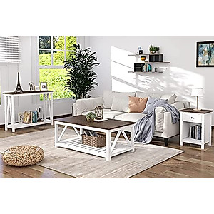 ChooChoo Farmhouse Coffee Table, Rustic Vintage Living Room Table with Shelf, 40 White