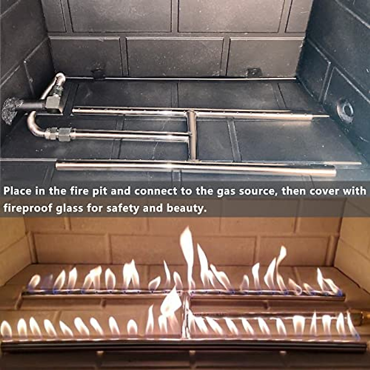 H Burner for Gas Fireplace - 18 × 6" - Non-Whistle Stainless Steel Flexible Flex Gas Line - with Connection Kit, for Fireplaces, Fire Pit & Indoor Outdoor Natural Gas Fire Table