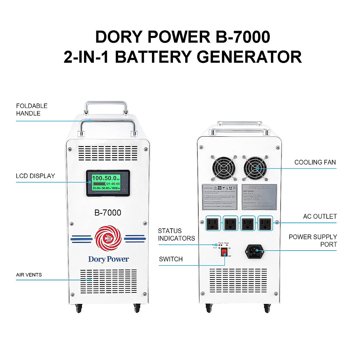 Dory B7000 7160 Wh capacity 3000W Battery Generator Portable Power Station and Uninterruptible Power Supply (UPS) Pure Sine Wave AC 110V output for battery backup and portable power