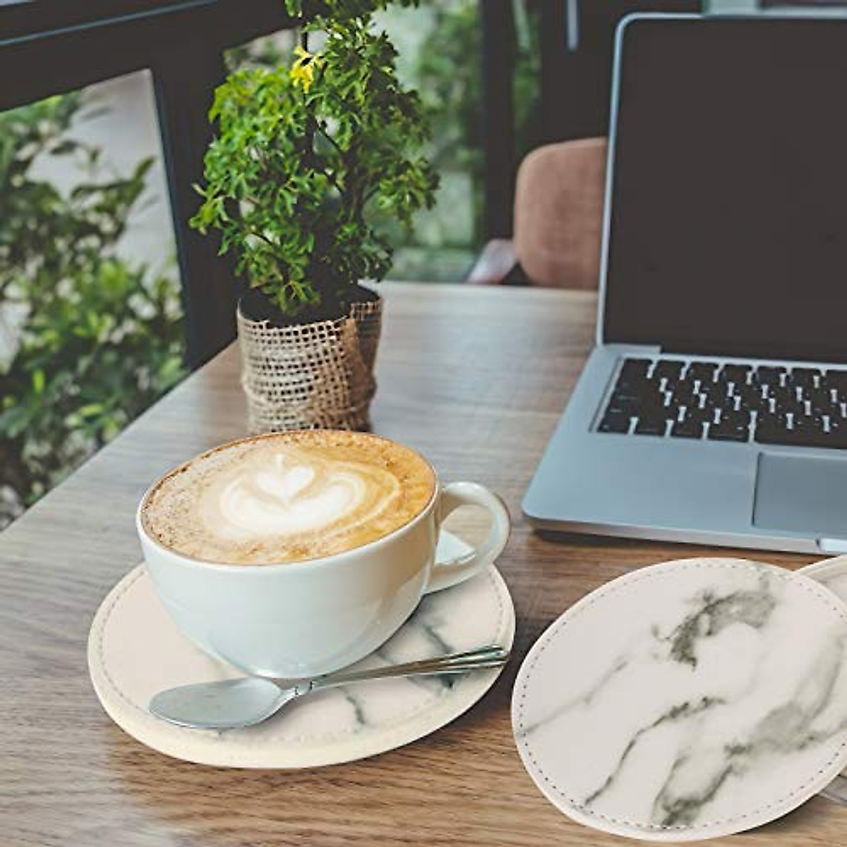 Leather Coasters for Drinks with Holder Set of 6, Coasters for Drinks,Marble and Waterproof Coasters Table Protective Non-Slip Pads, Round Cup Mat for Home and Kitchen