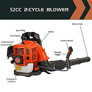 1.25 KW Leaf Blower Backpack Style 52 Cubic Centimeter 550 CFM Adjustable Tube Gas Powered Dust Blower Supplies Gasoline Blower for Garden Lawn Care Orange