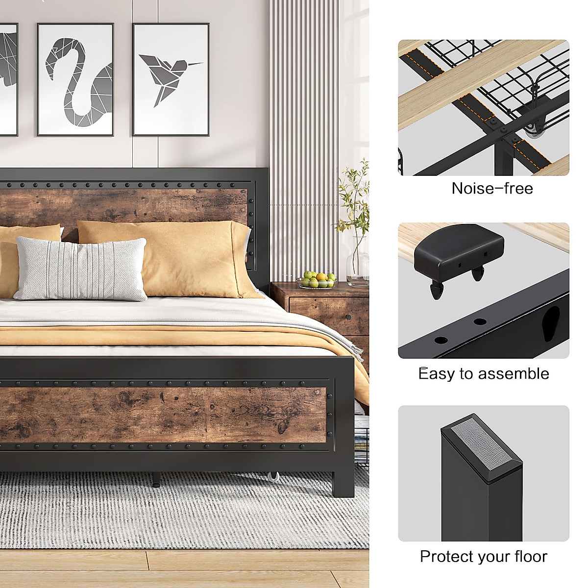 Keyluv Queen Bed Frame with 4 Storage Drawers, Rivet Modern Headboard and Footboard Platform Bed with Solid Wood Slats Support, No Box Spring Needed, Metal, Mattress Foundation Noise-Free