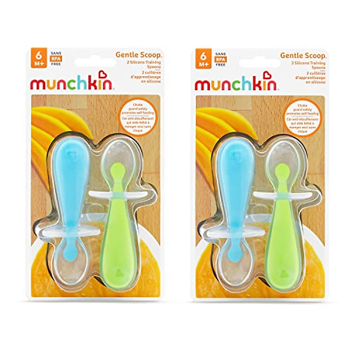 Munchkin® Silicone Scoop™ Trainer Spoons with Choke Guard for Baby Led Weaning, 4 Count, Blue/Green