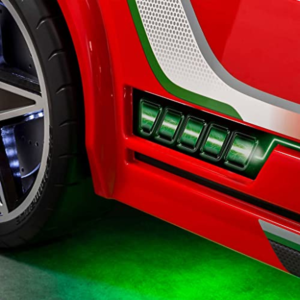 Cilek GTS EV Twin Race Car Bed, Remote Control, LED Lights, EV Sound FX, Vegan Leather Interior, License Plate, Red