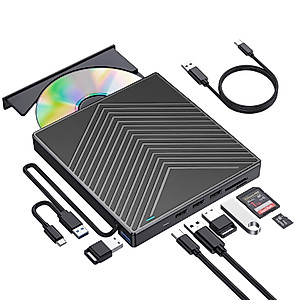 ROOFULL External CD DVD Drive, USB 3.0 & USB-C CD/DVD Burner Player with 4*USB Ports and 2*SD/TF Card Reader, Portable CD/DVD-ROM +/-RW Disk Drive Adapter for Laptop PC Mac Windows 11/10/8/7 Linux