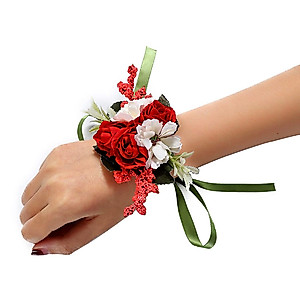 CASDRE Flower Wedding Wrist Corsage Red Floral Bridal Corsage Wristlet with Ribbon Prom Hand Flowers for Women and Brides