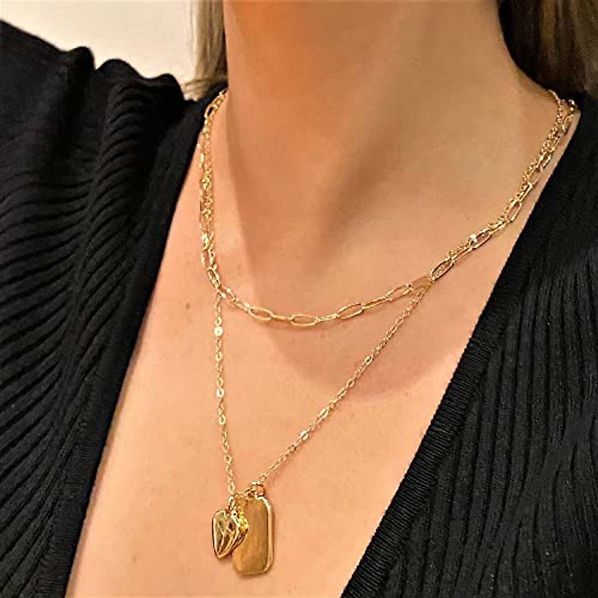 ALLISON ROSE ATELIER 2pc Heart Dog Tag Necklace or 2pc Toggle Paperclip Necklace with Detachable Pearl – 16k Gold Plated Adjustable Layering Pendant Sets - Layered Necklaces for Women, No Gemstone