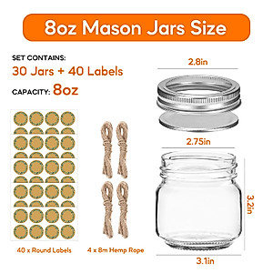 30 Pack Mason Jars 8 oz with Lids And Bands, Half Pint Canning Jars, 1/4 Quart Small Glass Jars with 40 Free Labels for Jam, Pickles And DIY