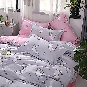 Omelas Girls Grey Bedding Duvet Cover Set Queen Full Size Kids Lovely Cats Playing with Pink Geometry Reversible Quilt Cover Super Soft Microfiber Bedding,2 Pillow Shams,Zipper Closure(KAMM,Q)