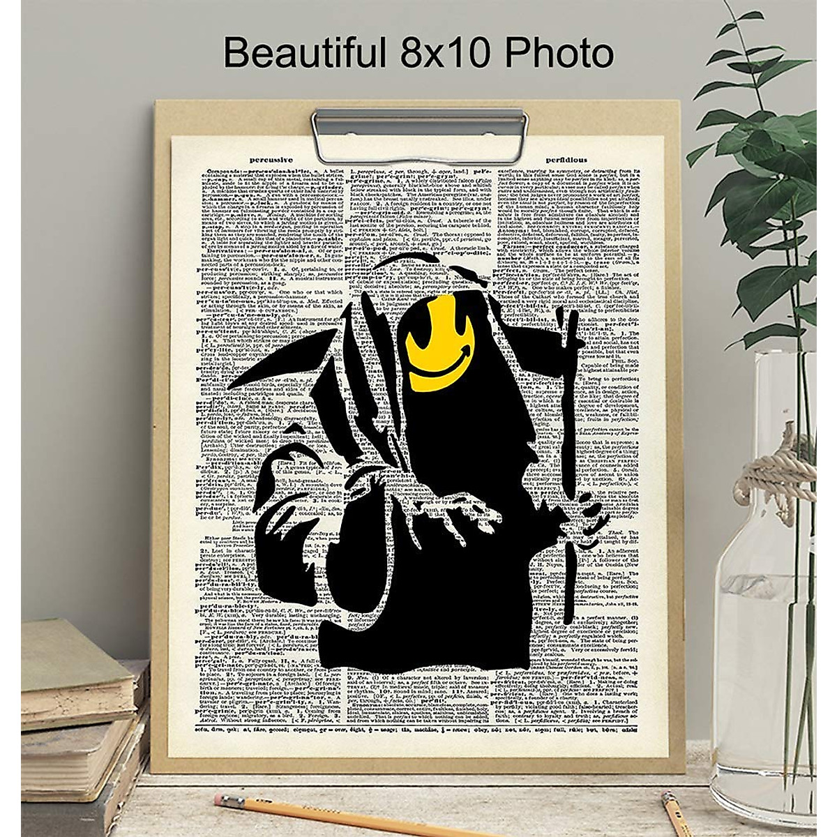 Banksy Grim Reaper Graffiti Dictionary Art - 8x10 Smiley Face Poster - Modern Home or Dorm Decor, Contemporary Wall Decoration Print - Funny Gift for Street Art Fans - Unframed Photo Print Sign