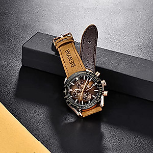 BY BENYAR Men Watches Chronograph Analog Quartz Waterproof Luminous Watch for Men Business Work Sport Stylish Casual Brown Leather Band Men's Wrist Watches Elegant Gifts for Men Father's Day