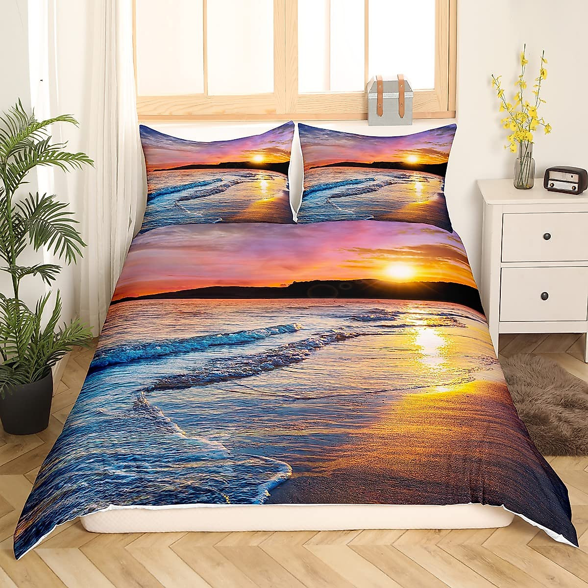 Erosebridal Sunset Duvet Cover Blue Ocean Bedding Set Queen Size Hawaii Beach Comforter Cover Set for Boys Girls Youth,Sea Wave Bed Set Afterglow Scenery Bedroom Decor，Yellow Orange Purple Red