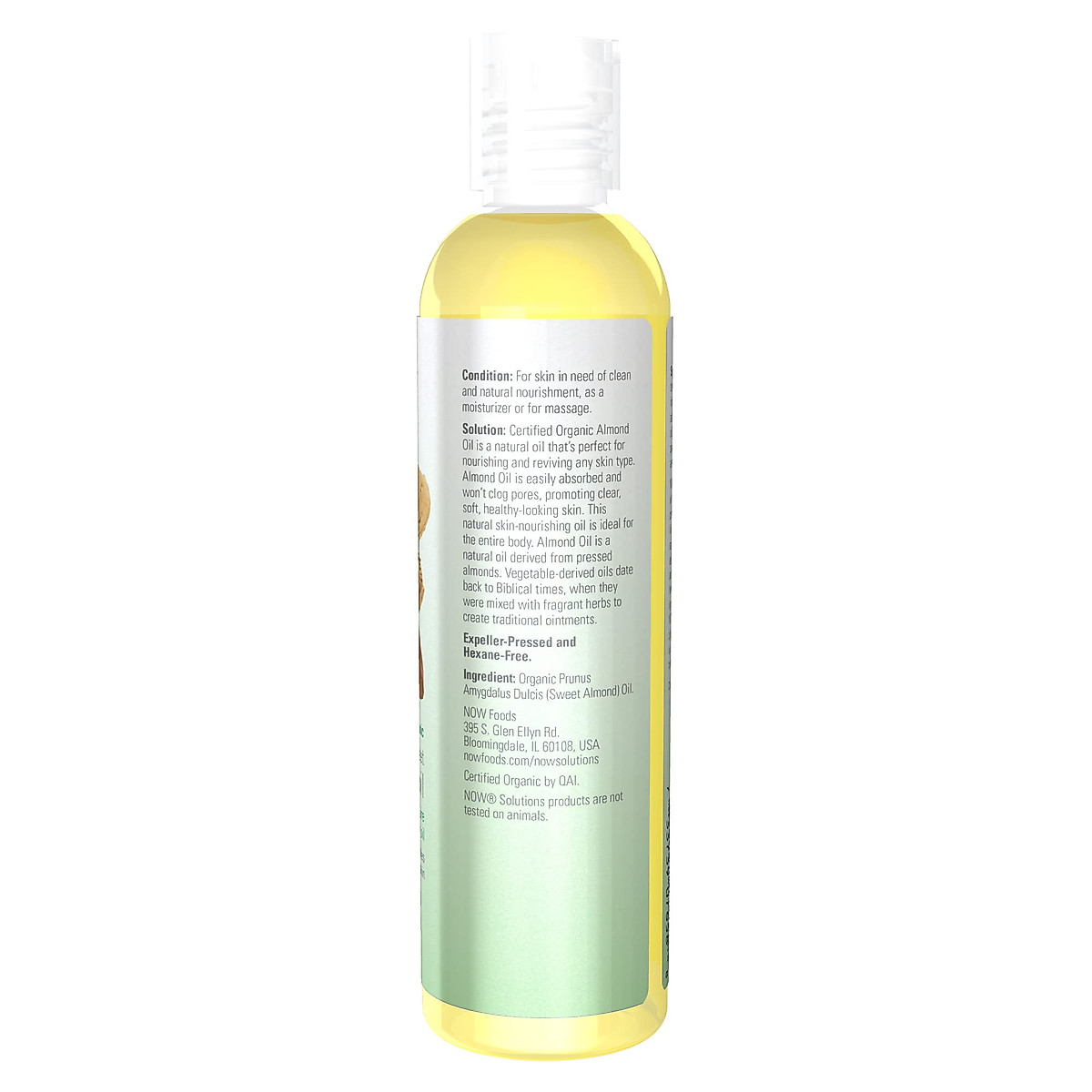 NOW Foods Solutions, Organic Sweet Almond Oil, 100% Pure Moisturizing Oil, Promotes Healthy-Looking Skin, Unscented Oil, 8-Ounce