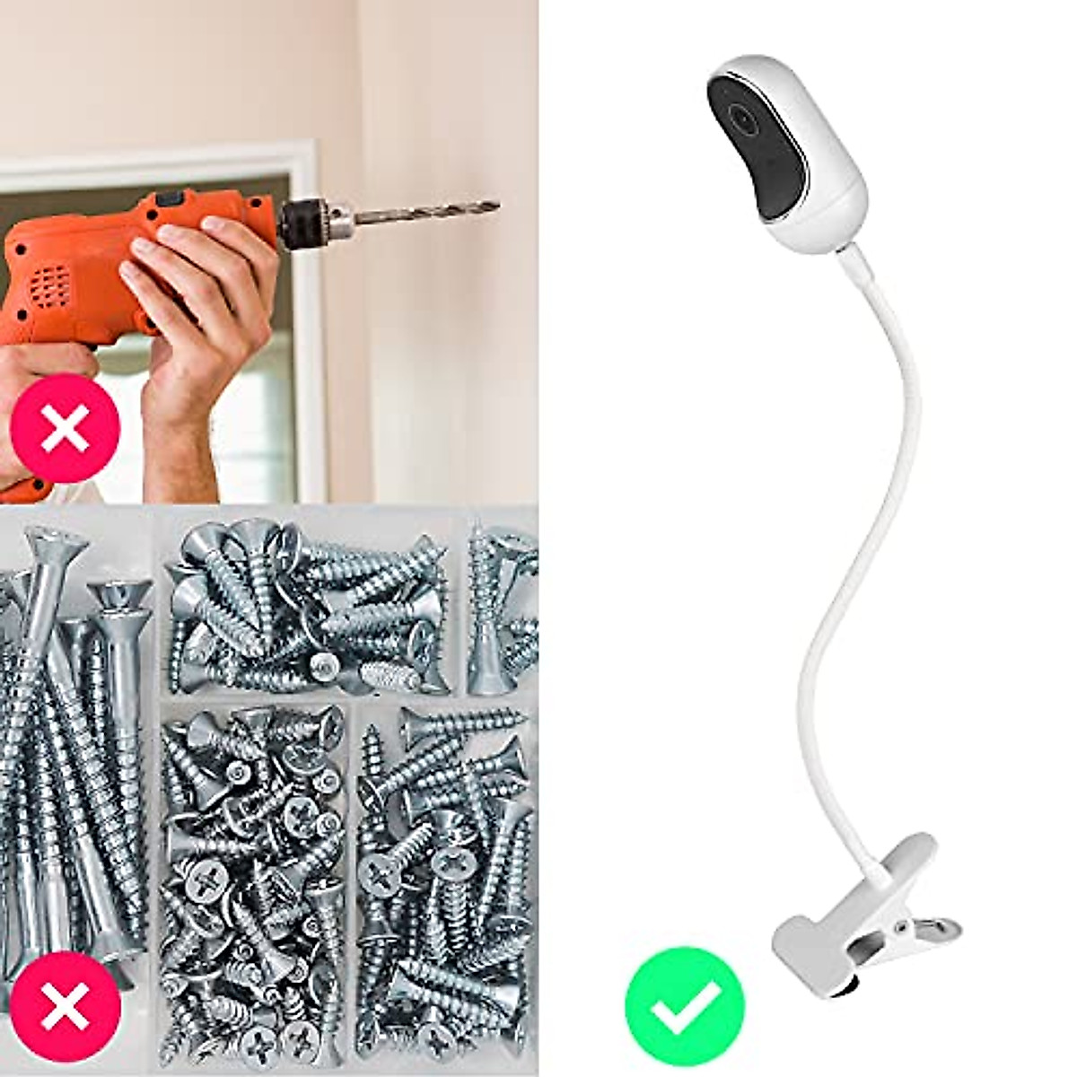 Gooseneck Baby Monitor Mount for Motorola, Owlet, VAVA, Arlo Baby Monitor and Most Universal Baby Monitor Camera, Flexible Baby Monitor Holder Without Tools or Wall Damage - White