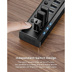 USB Hub 3.0 Powered Rosonway Aluminum 7 Ports USB 3.0 Data Hub Splitter with 24W (12V/2A) Power Adapter and Individual On/Off Switches USB Port Expander for PC and Laptop (RSH-A37S)