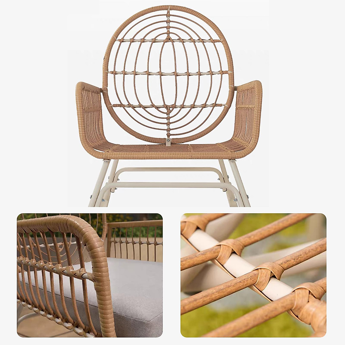 Upholstered High-Back Glider Chair,Patio Rattan Rocker Chair with Cushions & Steel Frame, All-Weather Rocking Lawn Wicker Furniture for Garden Backyard Porch(91*61.5*95cm/35.8*24.2*37.4in)