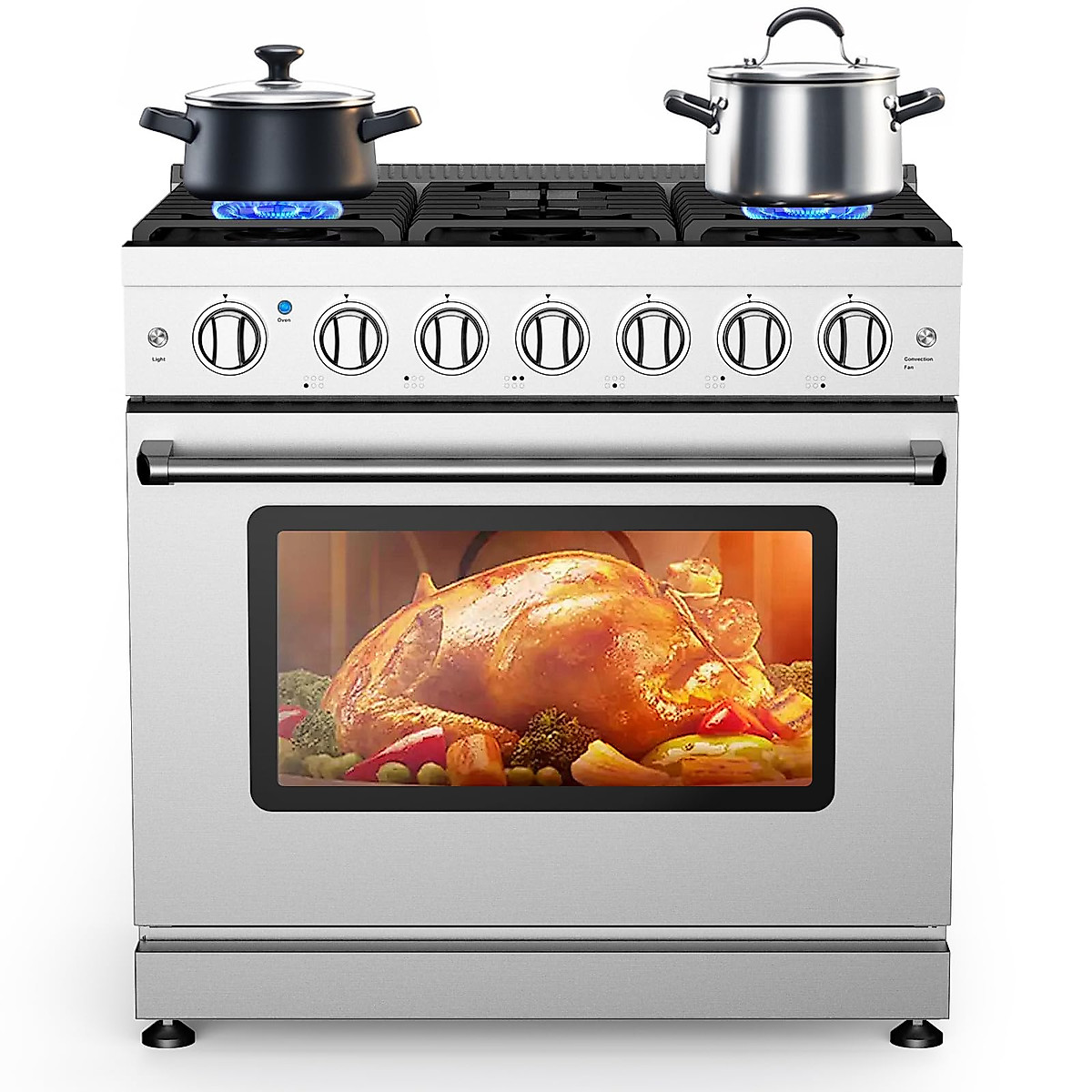 GarveeTech 36” Freestanding Gas Range Stove with 6 Sealed Gas Burner & 6.0 Cu.Ft Electric Convection Oven, Stainless Steel Dual Fuel Range, Slide-In Gas Range Combo for Home and Commercial Use