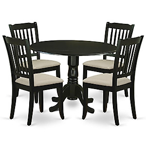 East West Furniture DLDA5-BLK-C 5 Piece Dining Table Set for 4 Includes a Round Kitchen Table with Dropleaf and 4 Linen Fabric Upholstered Dinette Chairs, 42x42 Inch, Black