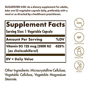 Solgar Vitamin D3 (Cholecalciferol) 125 mcg (5000 IU), 240 Vegetable Capsules - Helps Maintain Healthy Bones & Teeth - Immune System Support - Non-GMO, Gluten Free, Dairy Free, Kosher - 240 Servings