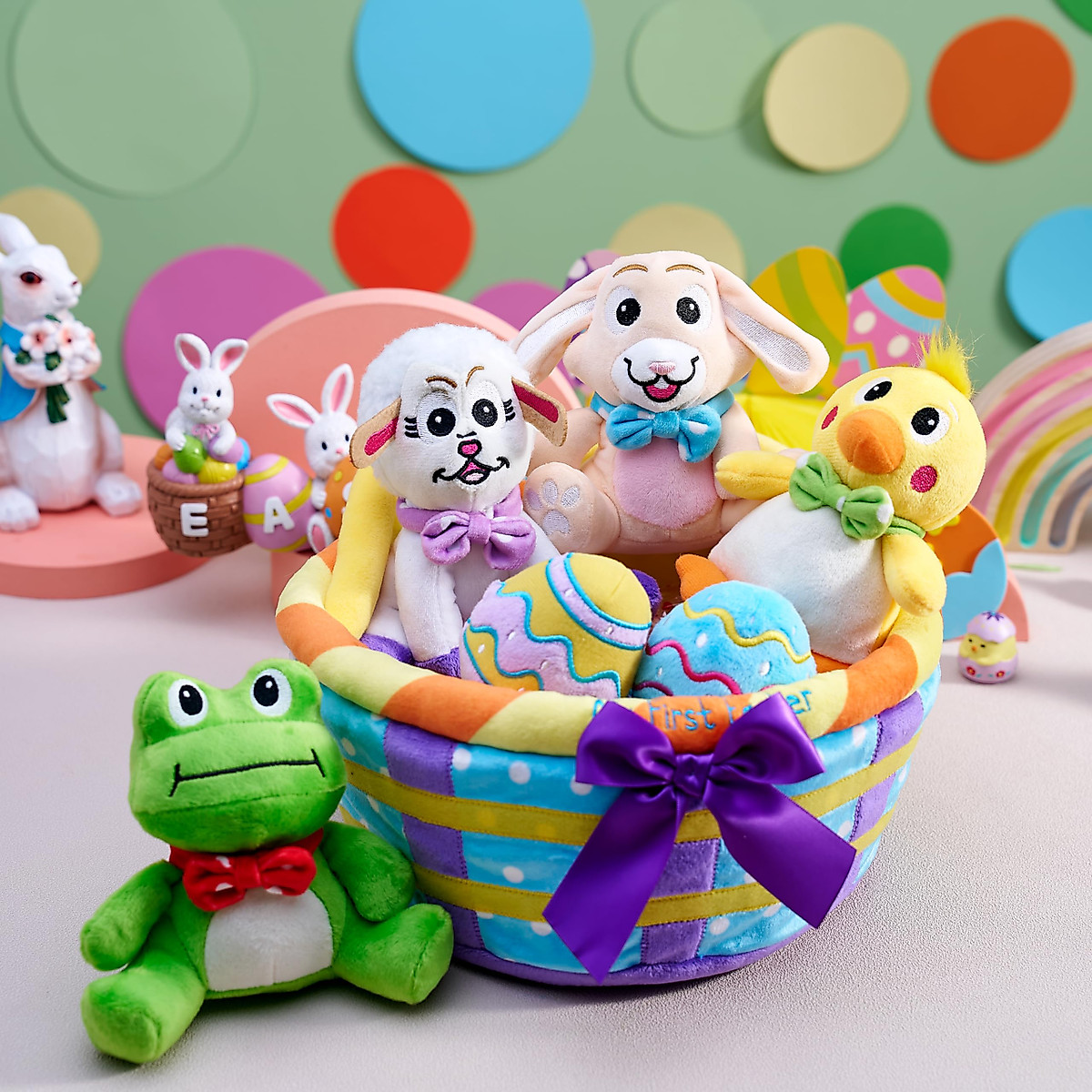 JOYIN 7 PCS Basket for Easter Stuffed Plush Playset for Baby Kids Easter Theme Party Favor, Easter Eggs Hunt, Basket Stuffers Fillers, Party Supplies Decorations