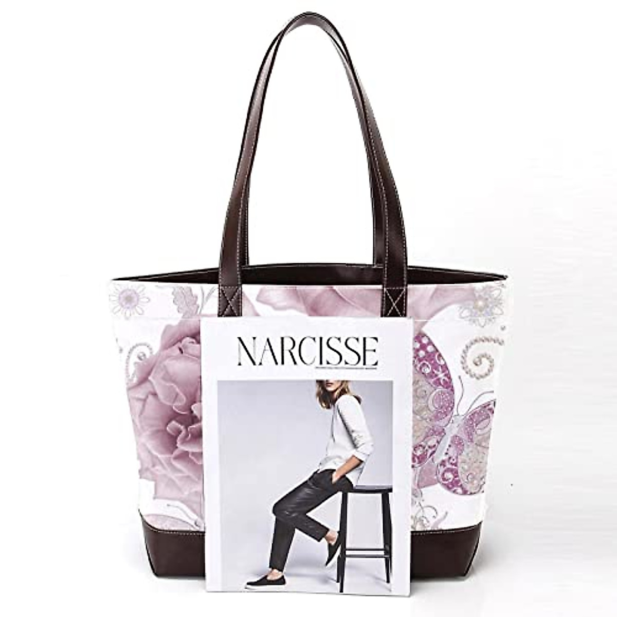 Women's Large Size Canvas Shoulder Bag Hobo Crossbody Handbag Casual Tote, Retro Purple Rose Butterfly Floral