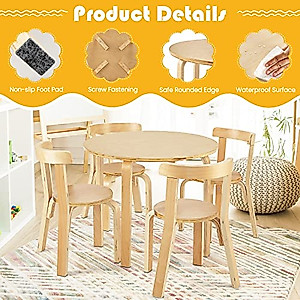 HONEY JOY Kids Table and Chair Set, Bentwood Toddler Round Table and 4 Chairs for Craft Art, Building Block, 5-Piece Children Furniture Set for Daycare, Kindergarten, Playroom (Natural)