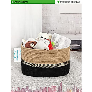 LANGYASHAN Rectangular Woven Rope Basket Decorative Blanket Basket for Living Room Storage or Nursery Laundry Hamper Basket with Handles Laundry Basket (Black Invisible Handle)