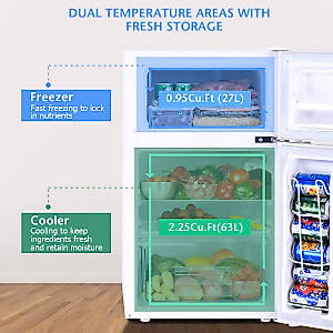 KOTEK Mini Fridge with Freezer, 3.2 Cu.Ft Compact Refrigerator with Reversible 2 Doors, 7 Level Adjustable Thermostat & Removable Shelves, Small Refrigerator for Bedroom/Office/Dorm/Apartment (White)