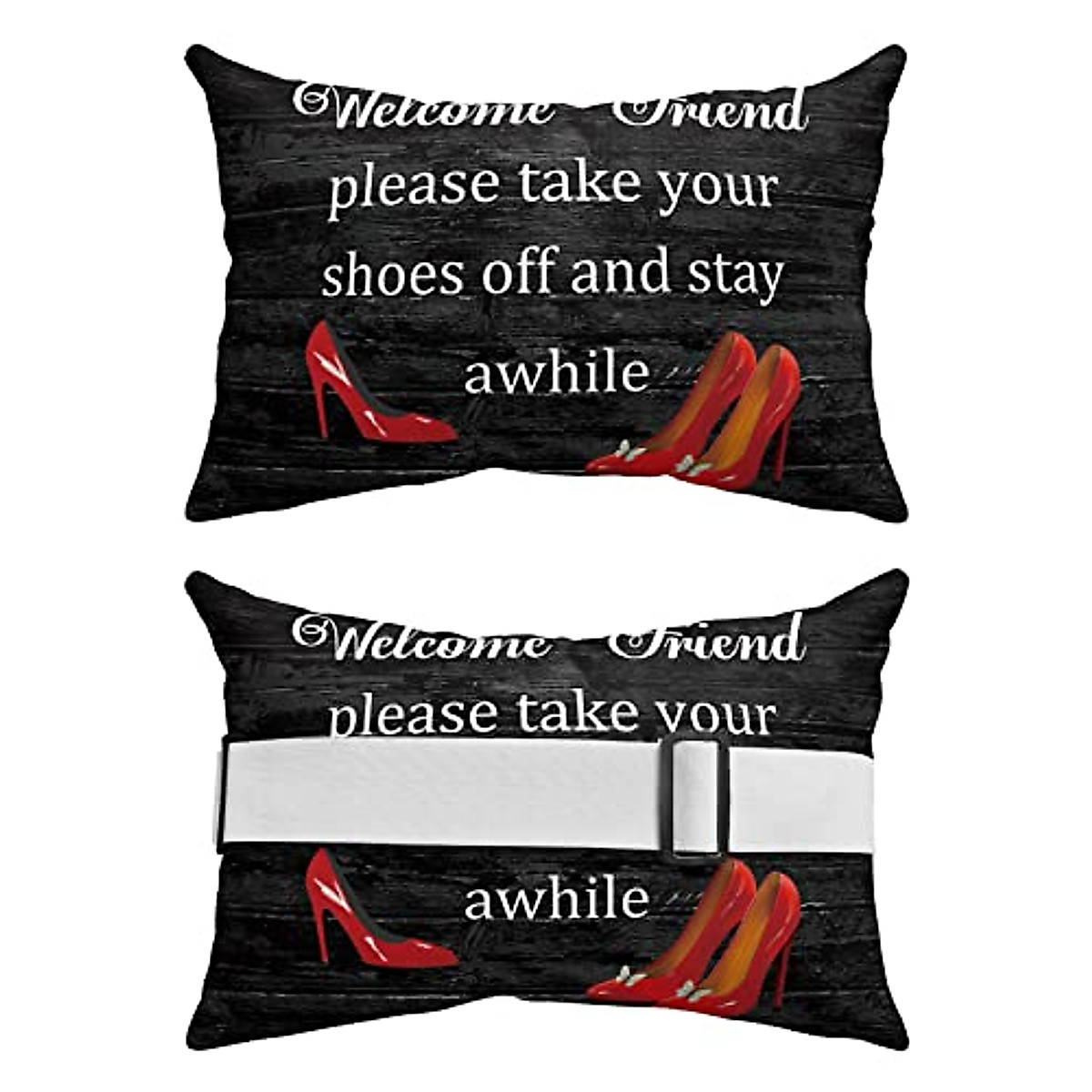 Recliner Head Pillow Outdoor Pillow with Insert Welcome Friend Red High Heels Black Retro Wood Grain Waterproof Lumbar Pillow with Adjustable Strap Lounger Patio Chair Pillows for Beach Pool 2pcs