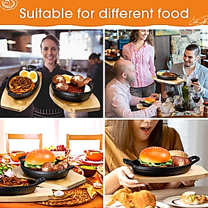 Mifoci 2 Sets Cast Iron Skillet with Wooden Base Mini Cast Iron Fajita Plates Cast Iron Baker's Skillet Matte Black Small Cast Iron Pan for Kitchen Restaurant Barbecue Dinner (8.5 x 6.1 x 1.7 Inches)