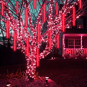 LED Falling Rain Light 30cm 8 Tubes 240 LED High Brightness Lcicle Cascading Icicle String Light for Christmas New Year Night Lighting Garden Tree Home Decor, Red