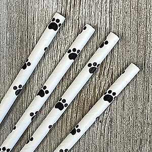 Dog Theme Bone and Paw Print Paper Straws - Black White Red - 50 Pack Outside the Box Papers Brand