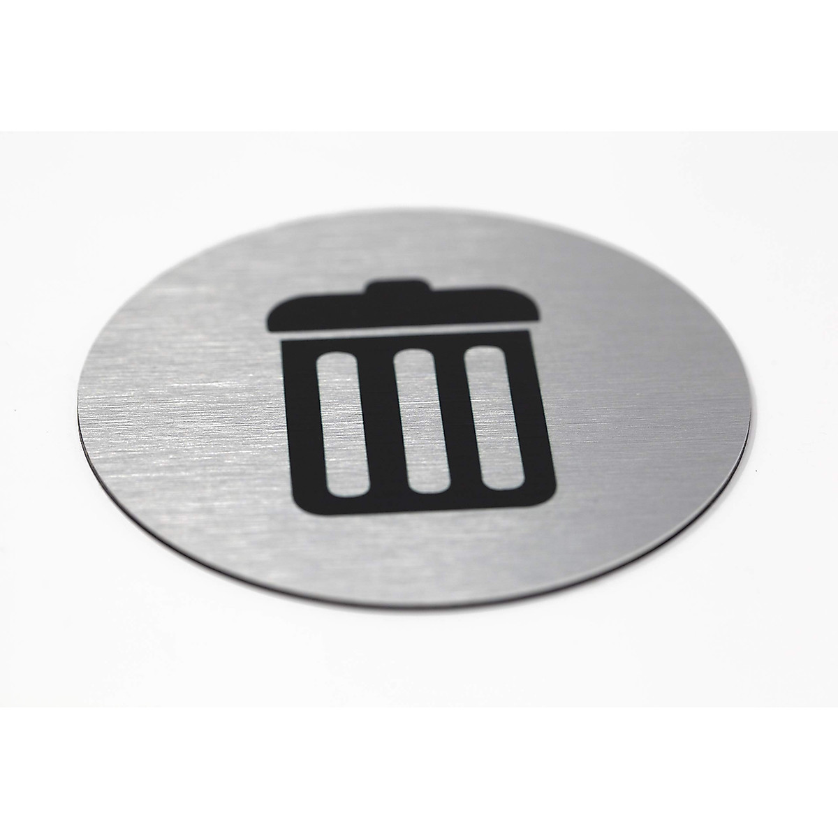 Metal Trash Signs | 3" Garbage Bin Marker | Metal Sign for Waste Basket | Brushed Silver Aluminum Sign with Black Trash Symbol | Ready to Hang | Made in USA