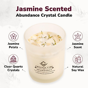 Crystal Vibe Jasmine Scented Candle With Clear Quartz Crystals and Jasmine Petals for Aromatherapy Mditation - Attract Abundance - Natural Soy Candle Gifts for Christams Birthdays