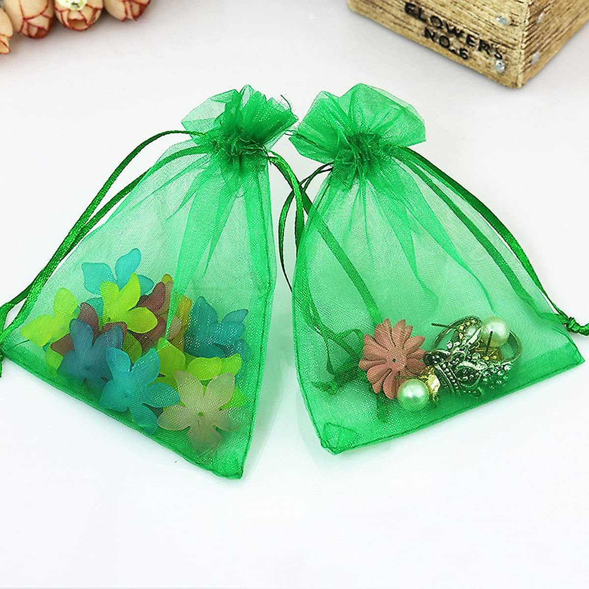 Dkrsyz Pack of 50 Gift Organza Bag Green Drawstring 4x6 Inch for Baby Shower,Christmas,Baby Boy Birthday,Party Favor,Wedding,Graduation,Hotel Room Decor Sheer Mesh Fabric Wrap Silk Sachet for Jewelry