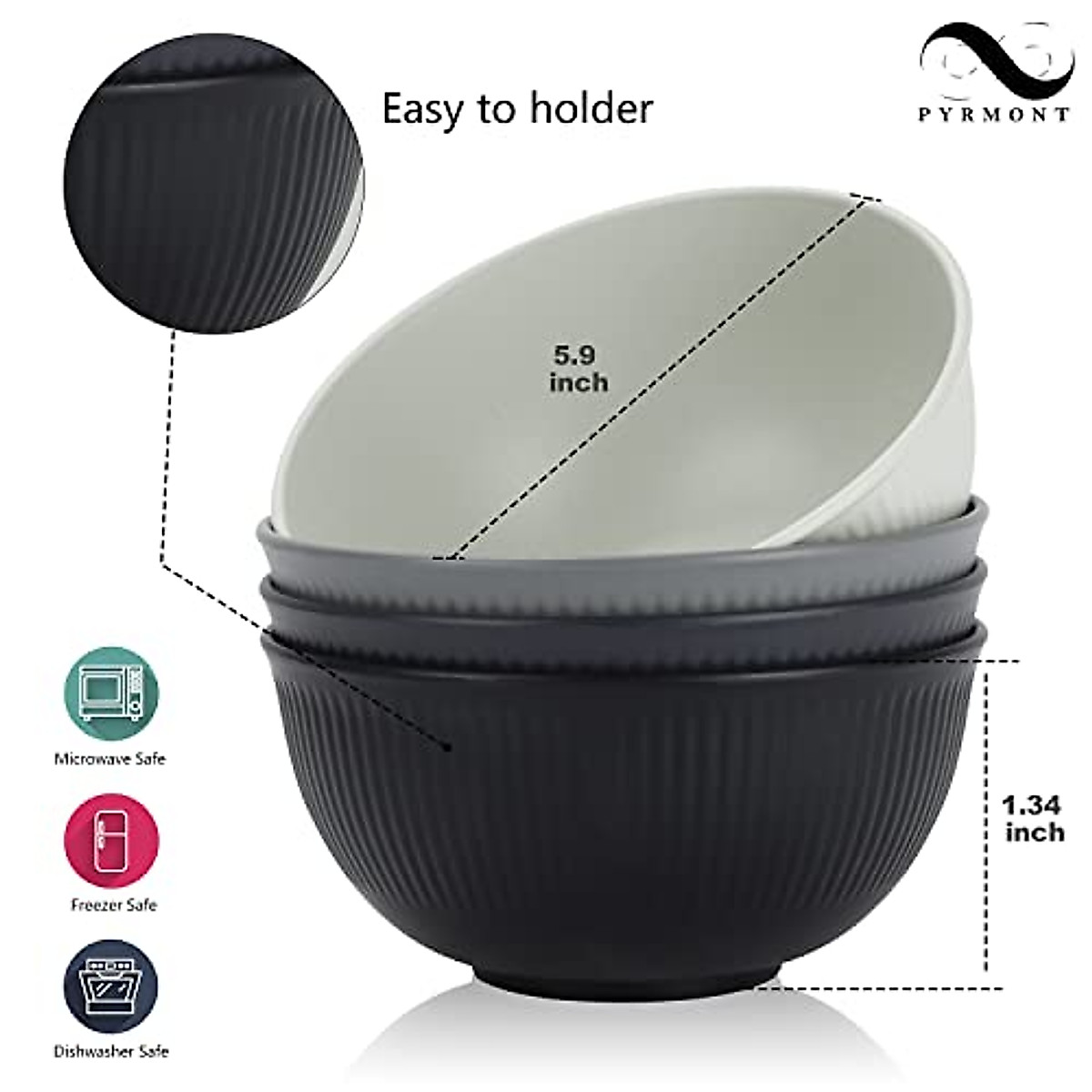 PYRMONT Cereal Bowl Set of 8-26 OZ Unbreakable Lightweight Bowls Set - Microwave and Dishwasher Safe Wheat Straw Bowls for Soup, Oatmeal, Pasta and Salad(Black Grey)