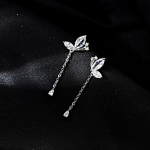 SLUYNZ 925 Sterling Silver CZ Butterfly Dangle Earrings Droplet Chain for Women Teen Girls Pretty Butterfly Drop Earrings Tassel(A-Platinum Plated)