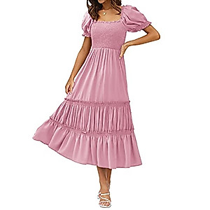KIRUNDO 2023 Spring Summer Womens Square Neck Smocked Short Puff Sleeve Tiered Midi Dress Solid Casual A Line Flowy Dresses(Solid-Pink, X-Large)