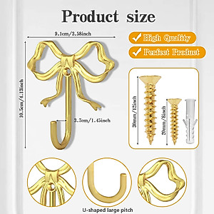 XHIPY 4 PCS Gold Bow Wall Hooks, Gold Coat Hooks, Metal Hooks, Bow Room Decor Hooks for Coats, Coffee Mugs, Hats, Bags, Bath Towels and Room Decorations
