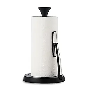 Dailyart Paper Towel Holder for One Hand Tear - Kitchen Paper Towel Holder Countertop with Tension Arm & Non Slip Weighted Base, Stainless Steel Paper Towel Holder Stand for Kitchen Bathroom, Black