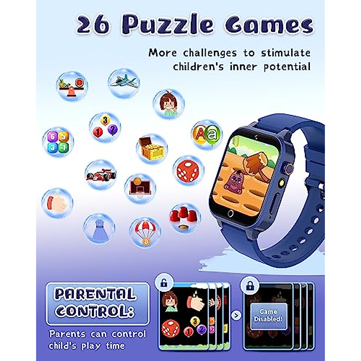 Dolwenqi Kids Smart Watch Boys Toys Age 5-12, 26 Puzzle Games Habit Clock Camera Music Player Flashlight Pedometer 12/24 hr Watches for Kids Birthday Gifts for 6 7 8 9 10 Year Old Boys Girls