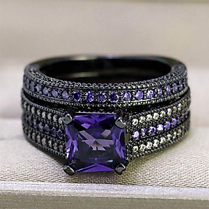 LOVERSRING 3pc Two Rings His and Hers Couple Rings Bridal Sets His Hers Women Black Gold Plated Purple Cz Man Tungsten Carbide Wedding Ring Band Set
