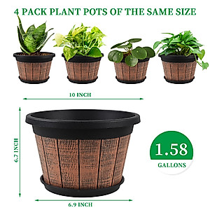 Quarut 4 Pack 10 inch Plant Pots,Upgrade Whiskey Barrel Planters with Drainage Holes & Saucer,Plastic Decoration Flower Pots Retro Design,Planters for Outdoor Indoor Garden Home Plants (Brown)