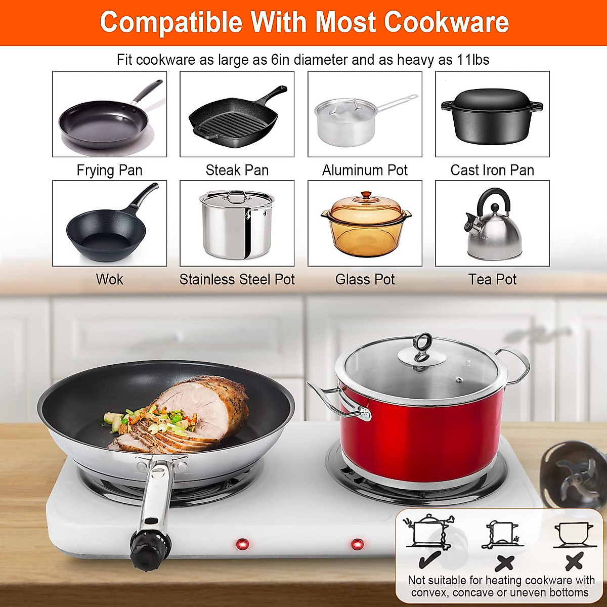 Moclever 2000W Electric Double Burner Portable Coil Heating Hot Plate Stove Countertop RV Hotplate Electric Cooktop w/Non Slip Rubber Feet 5 Temperature Adjustments, White